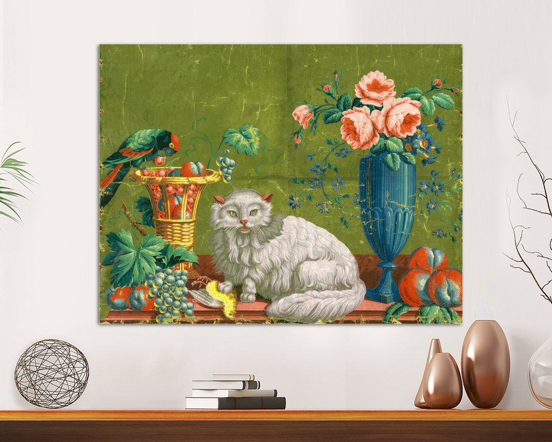 Antique Cat Painting, Canvas Art Print, Vintage Cat Wall Art, Long ...
