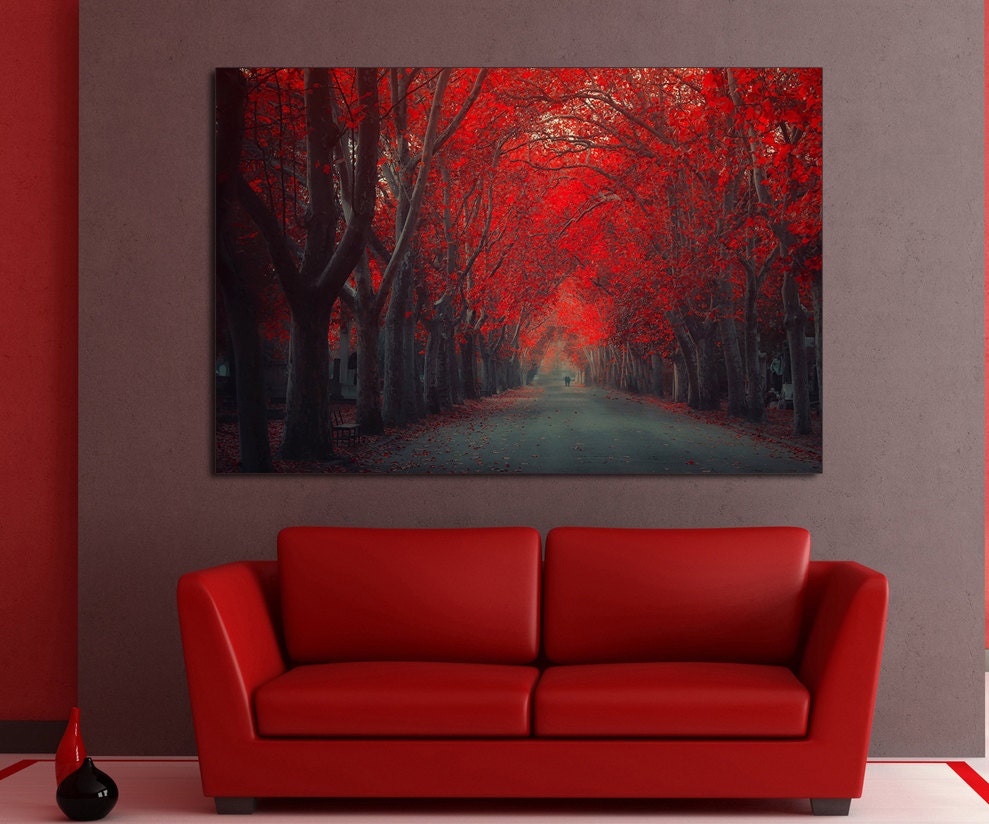 Red Forest, Art Print of Red Leaves Forest, Canvas Print, Beautiful Red ...