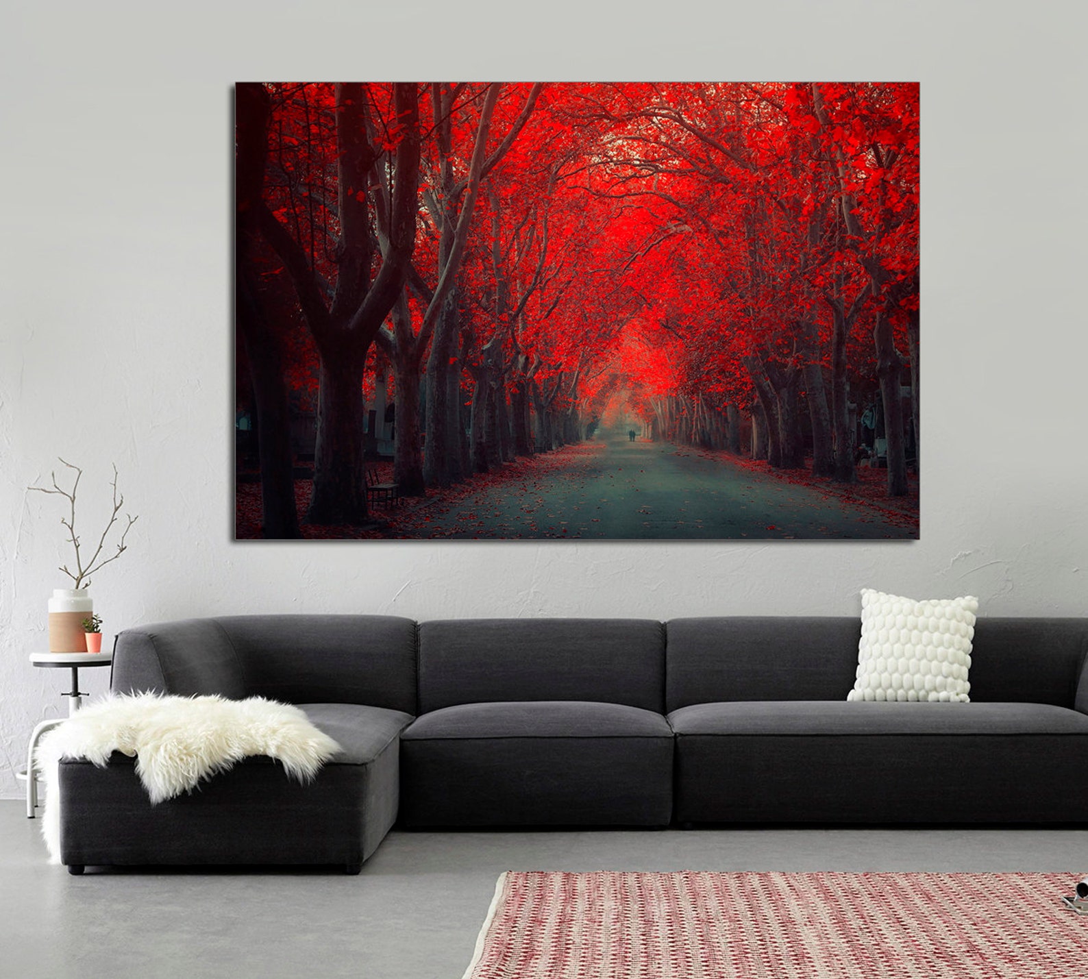 Red Forest, Art Print of Red Leaves Forest, Canvas Print, Beautiful Red ...