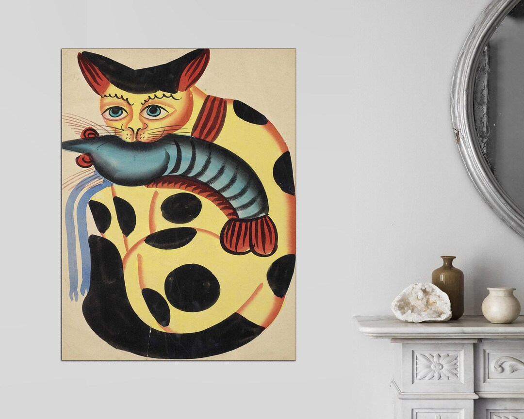 Cat Stealing Prawn Kalighat Painting, Indian Folk Art Canvas Print - Etsy