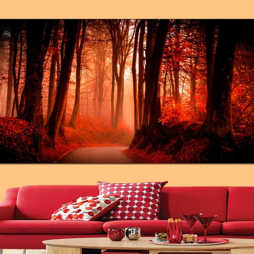 Red Forest Art Print of Red Leaves Forest Canvas Print - Etsy