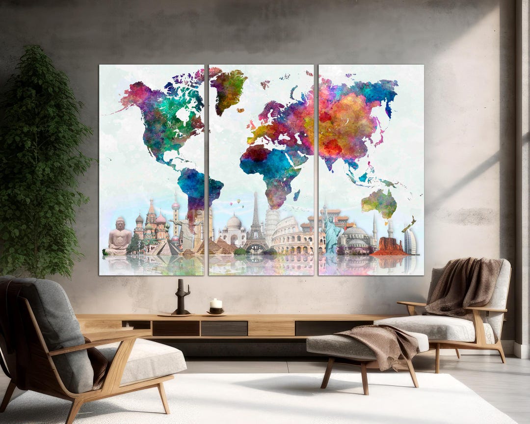 3-panel World Map Wall Art, World Map Office Art, World Map Canvas ...