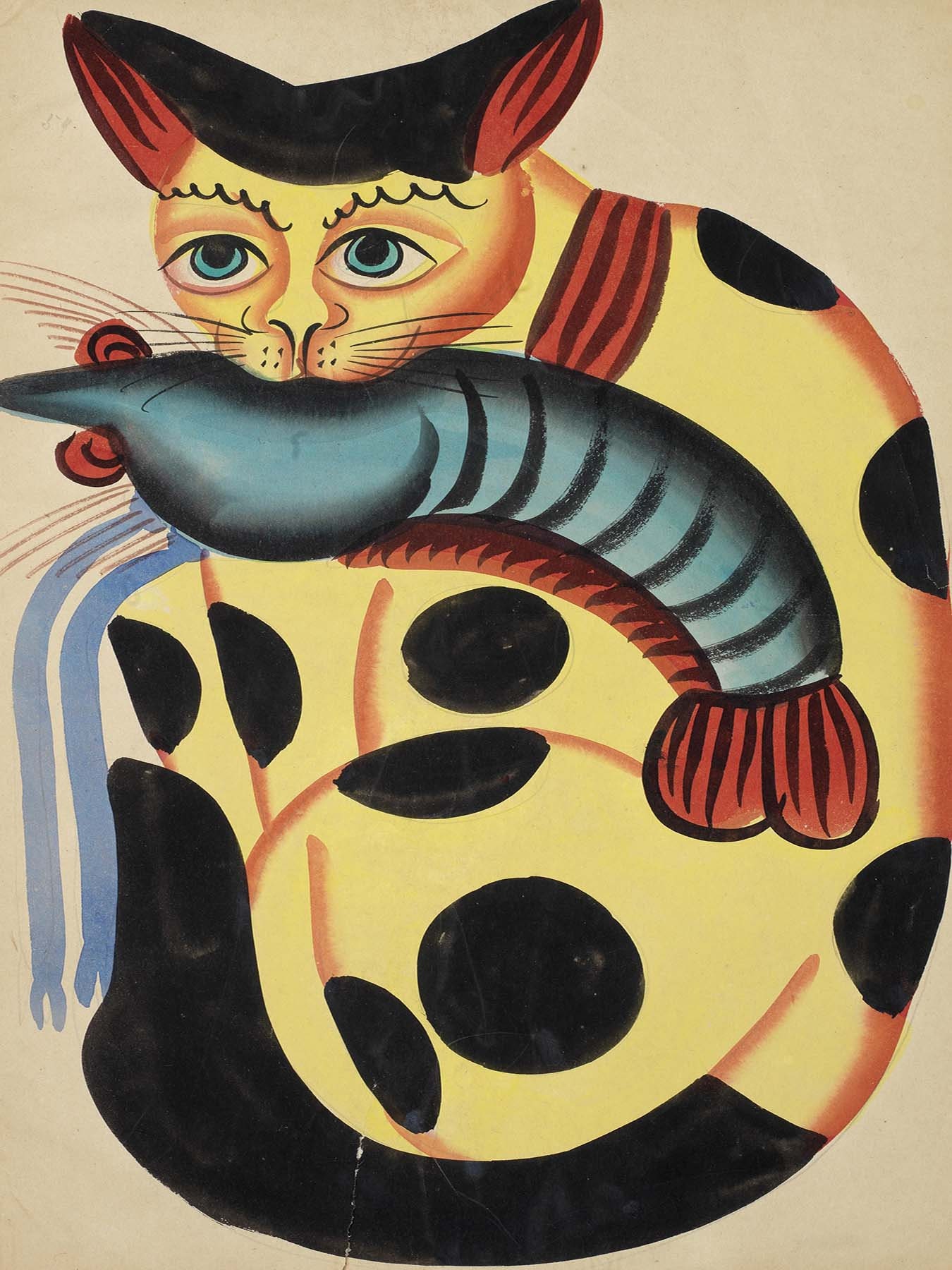 Cat Stealing Prawn Kalighat Painting, Kalighat Painting, Indian Folk ...
