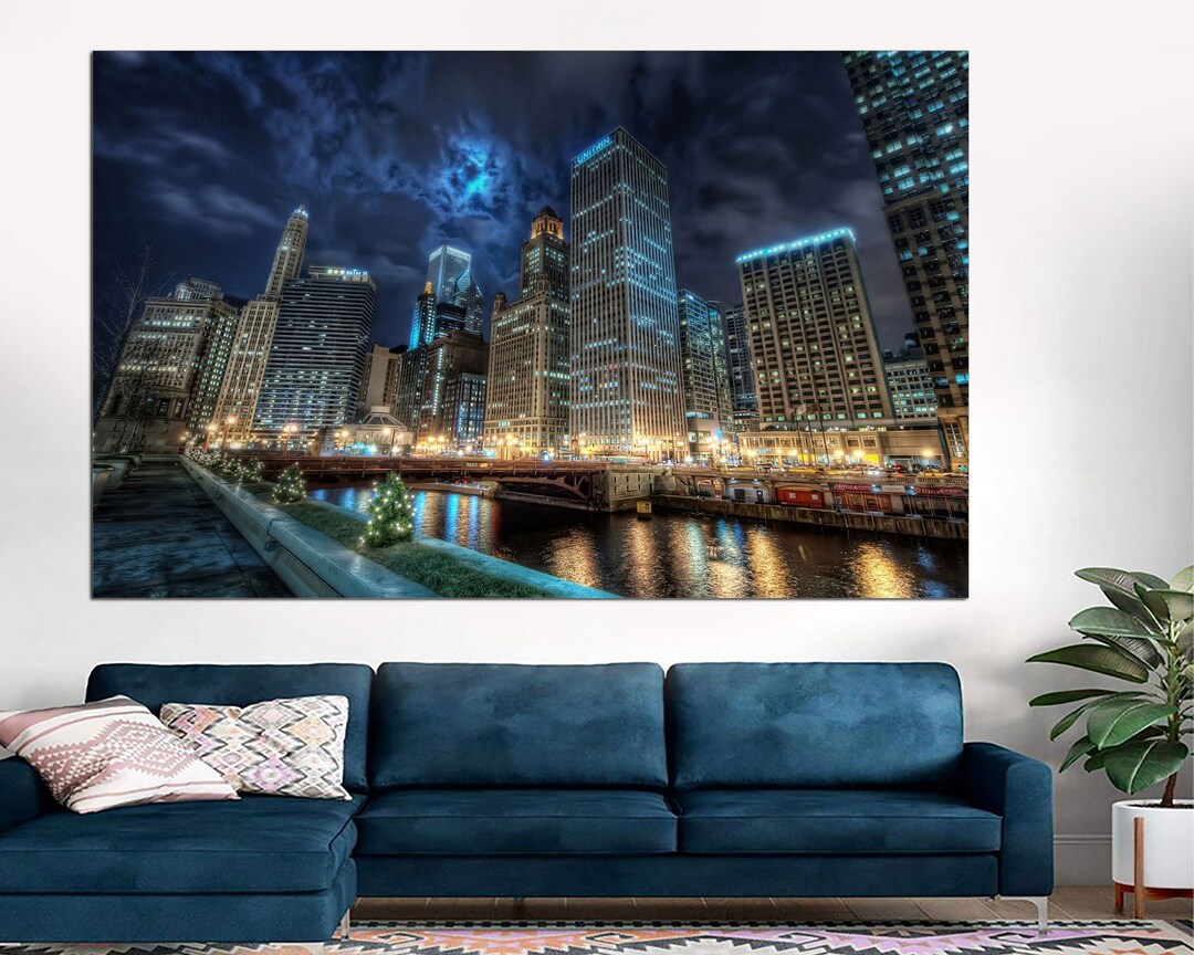 Chicago City Skyline Art Canvas Print, Ready to Hang, Cityscape Aerial ...