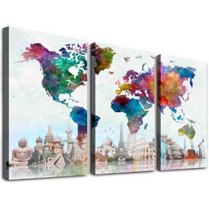 3-panel World Map Wall Art, World Map Office Art, World Map Canvas ...