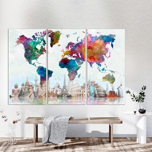 3-panel World Map Wall Art, World Map Office Art, World Map Canvas ...