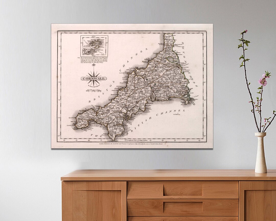 Cornwall England Map, Antique 1793 Historic Canvas Print, Ready to Hang ...