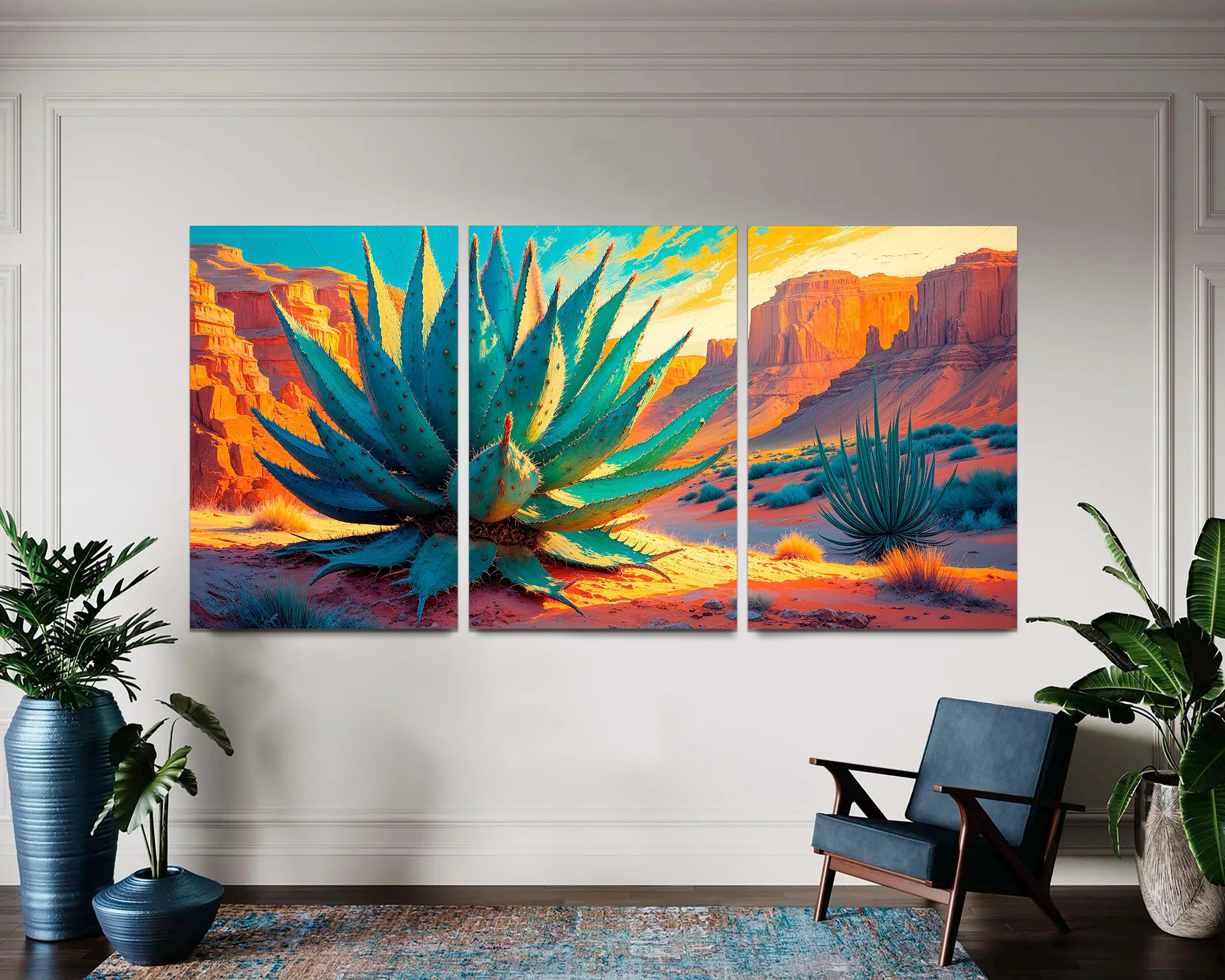Agave Desert Canvas Print, Phoenix Sunset, Triptych Southwestern Wall ...