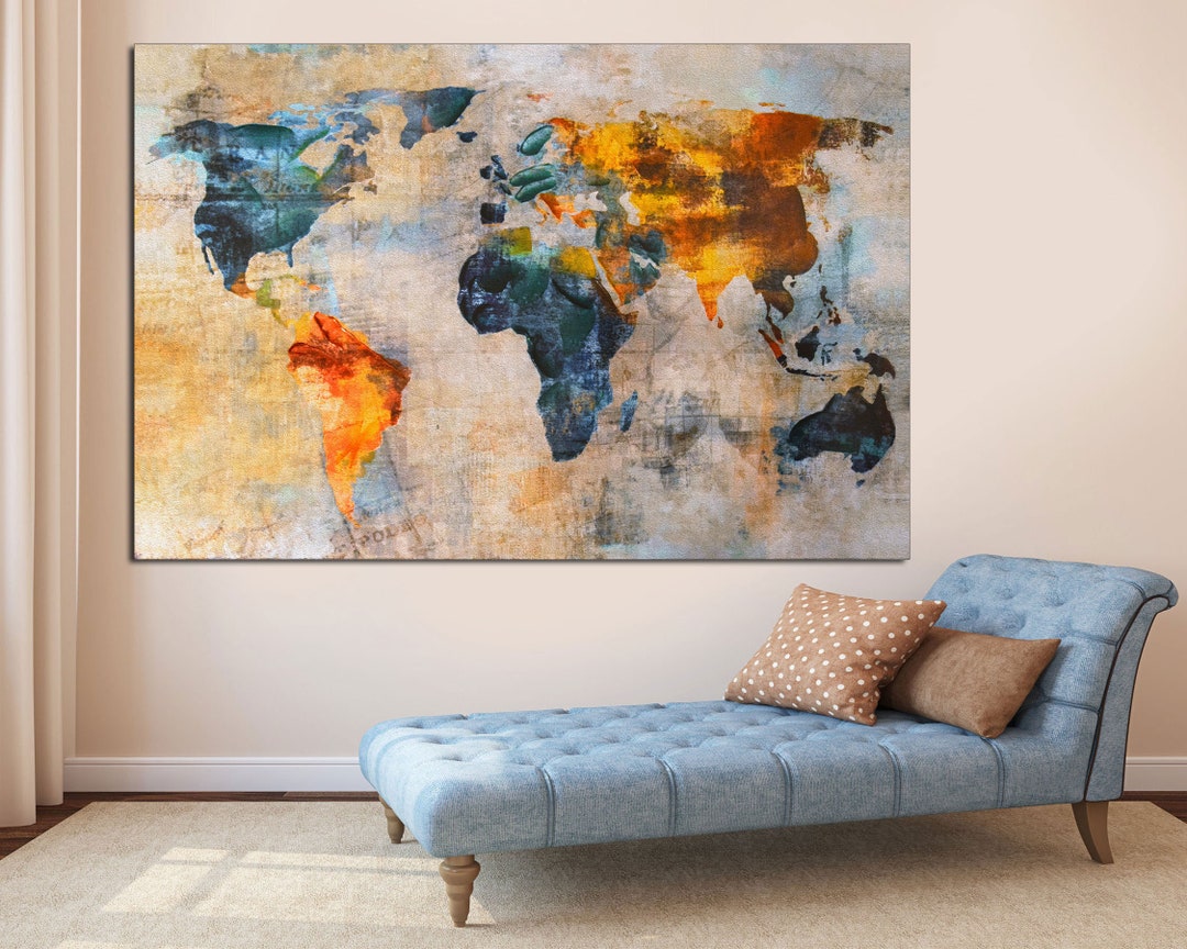 Watercolor Colorful Large World Map Canvas Print, Ready to Hang, World ...
