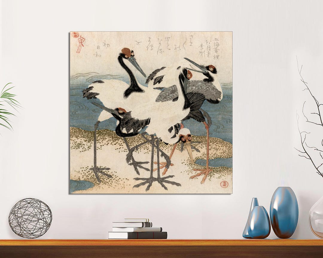 Five Cranes, Cranes on a Spit of Sand, Vintage Bird Wall Art, Japanese ...