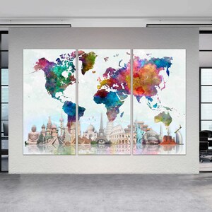3-panel World Map Wall Art, World Map Office Art, World Map Canvas ...
