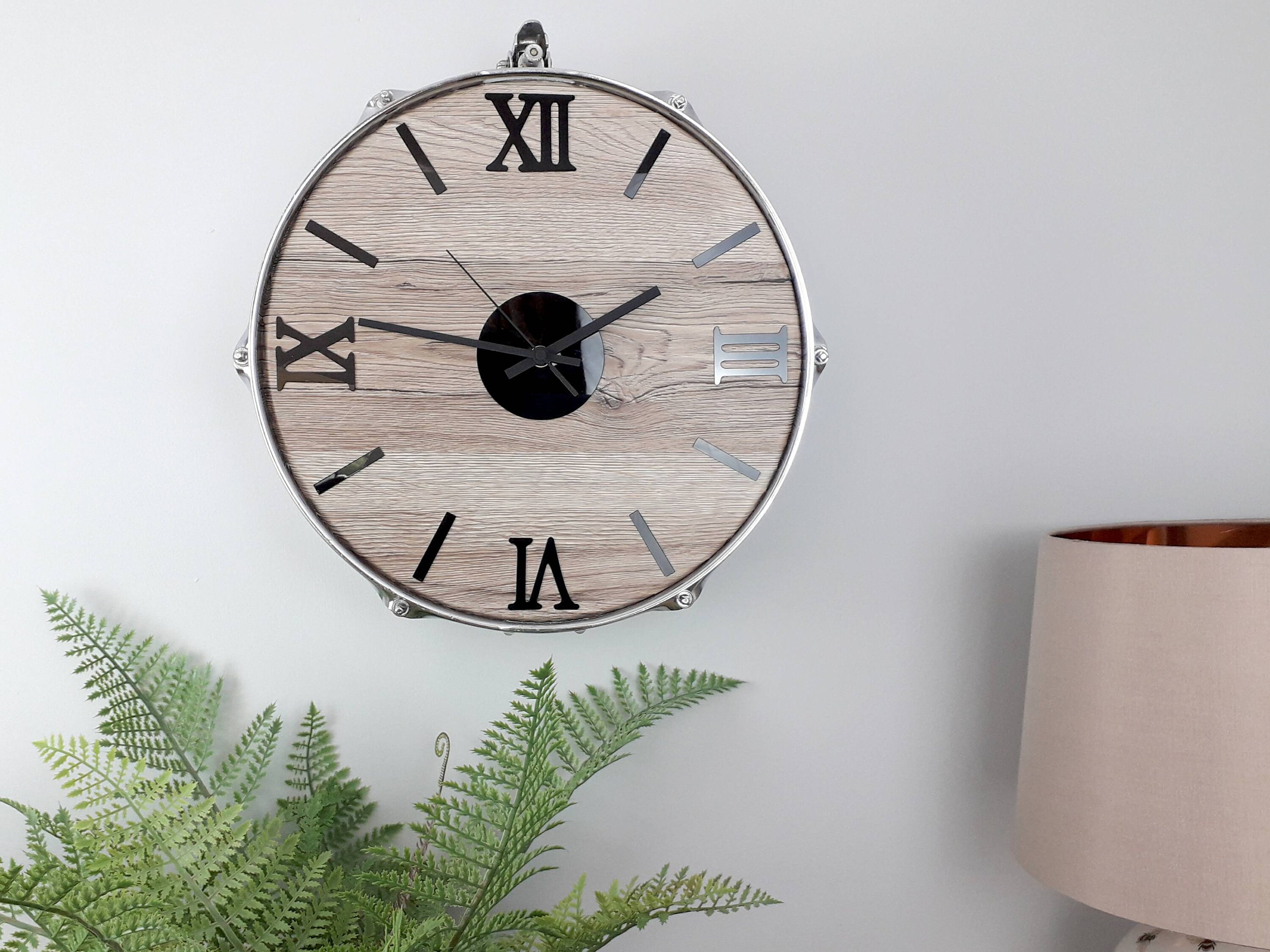 Large 15" Chrome Real Drum Wall Clock, Light Wood Grain, Chrome, Deep ...