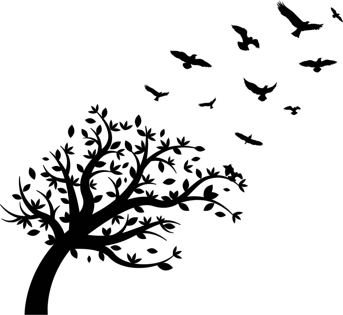 Windy Tree With Birds Ai Eps Jpg Png and Svg Clipart, Vinyl, Stencil ...