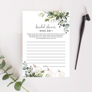 Who Am I Bridal Shower Game, Greenery Pumpkin, Memory With the Bride ...