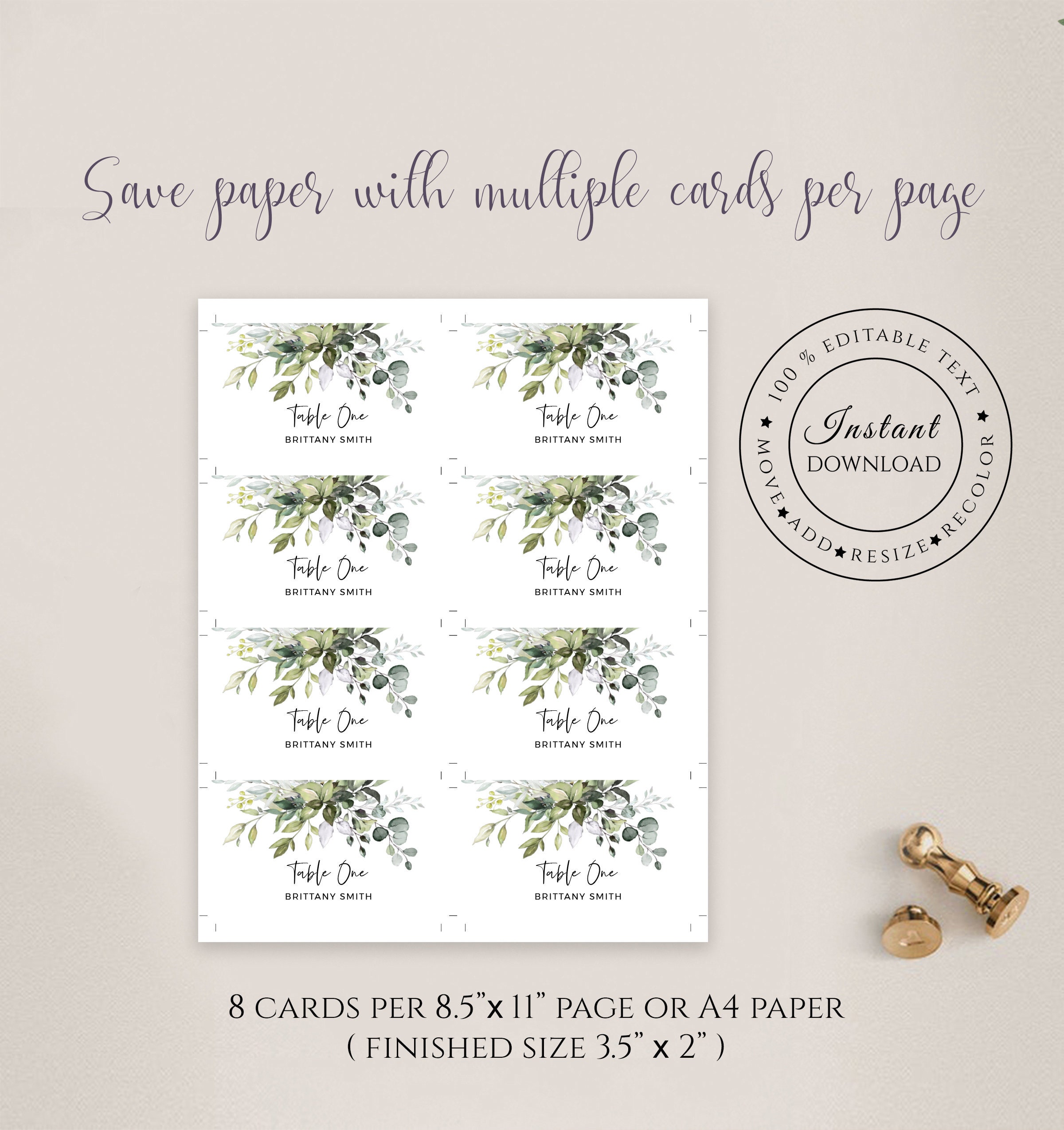 Greenery Place Card Template Printable Wedding Escort Card - Etsy