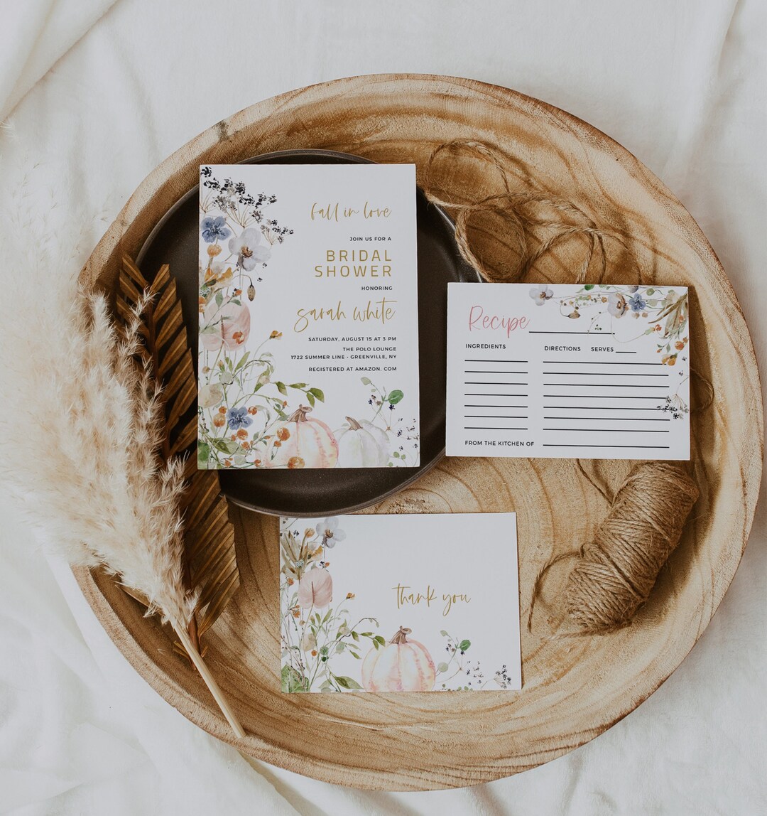 Bridal Shower Invitation Set, Fall in Love Bridal Shower Card, Recipe ...