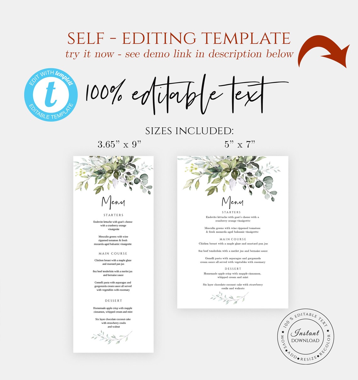 Greenery Wedding Menu Template Printable Wedding Menu Cards - Etsy