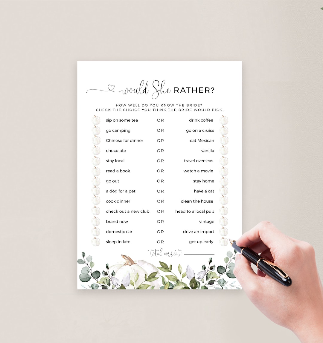 Would She Rather Game Template, Fall Pumpkin Bridal Shower Game ...