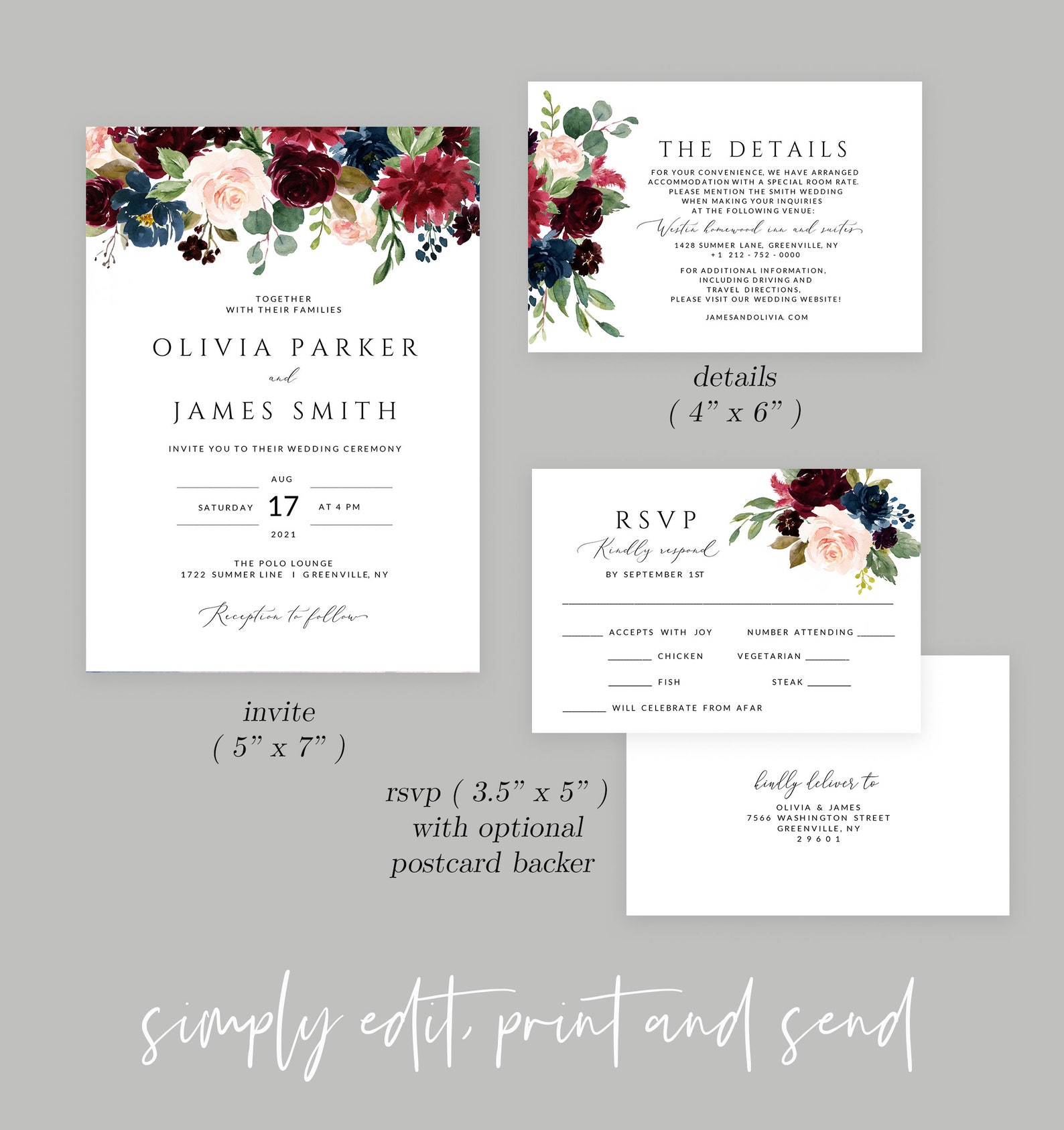 Burgundy Wedding Invitation Printable DIY Wedding Invite - Etsy