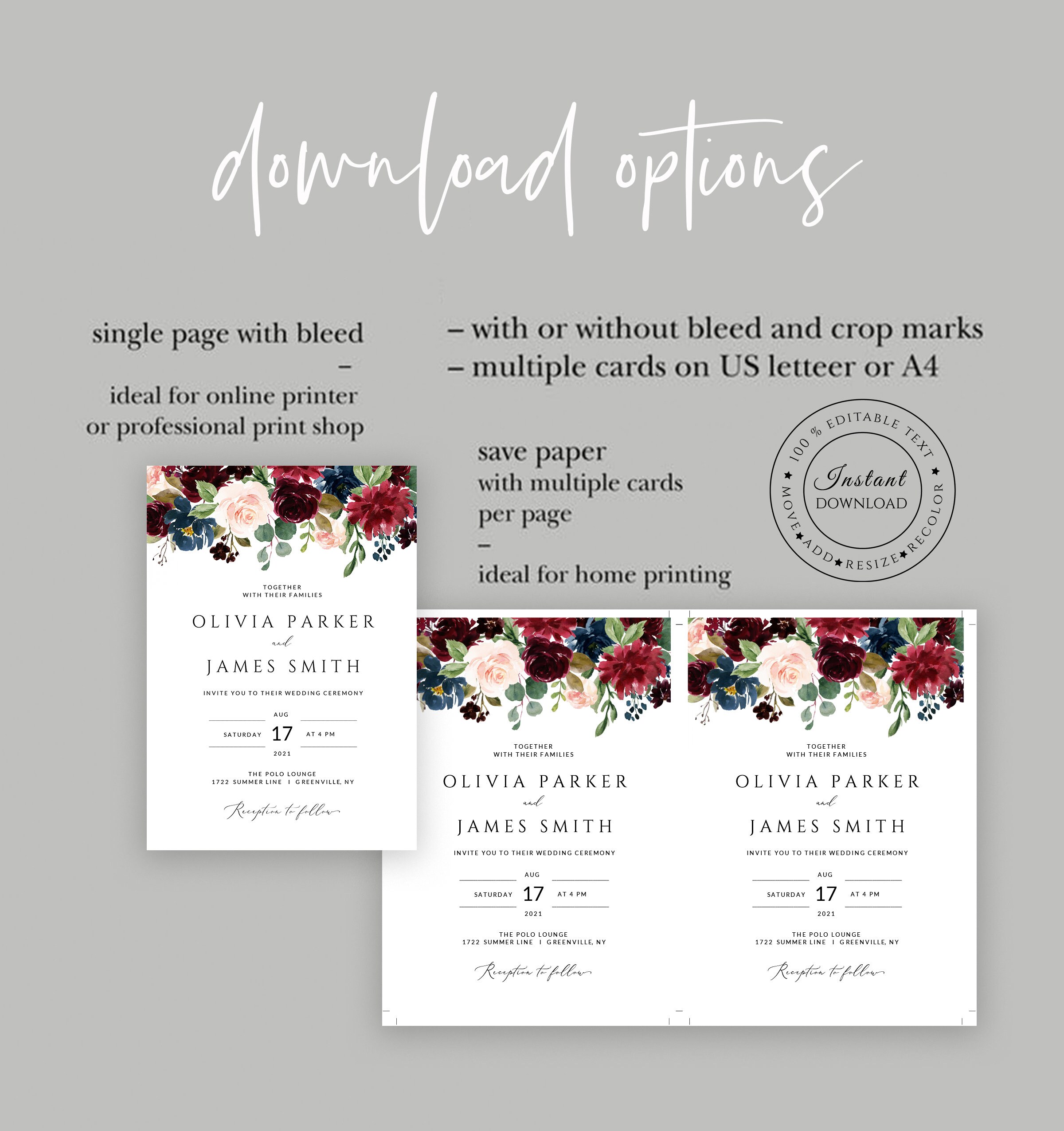 Burgundy Wedding Invitation Printable DIY Wedding Invite | Etsy