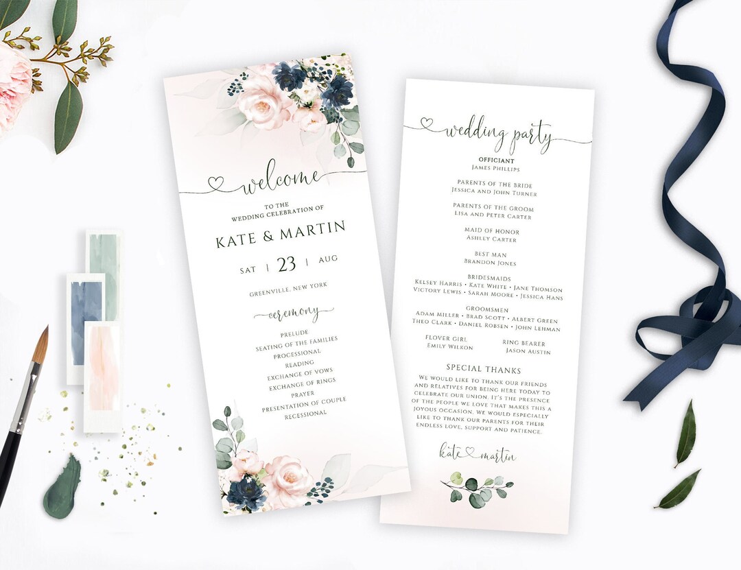 Blue Navy Blush Wedding Program Template, Printable Wedding Programs, Editable Templett, FPBN - Etsy