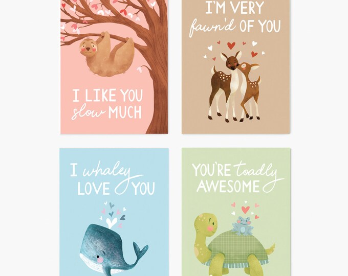 Valentine's Day Cards Set of 8 Illustrated Animal Card Set Animal Puns ...