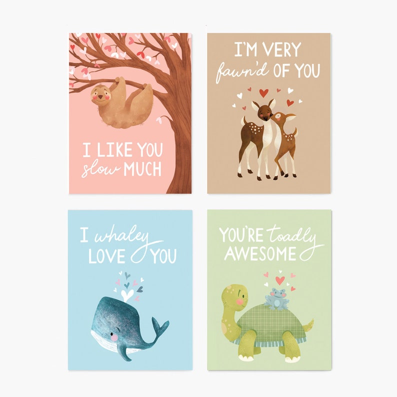 Valentine's Day Cards Set of 8 Illustrated Animal Card - Etsy
