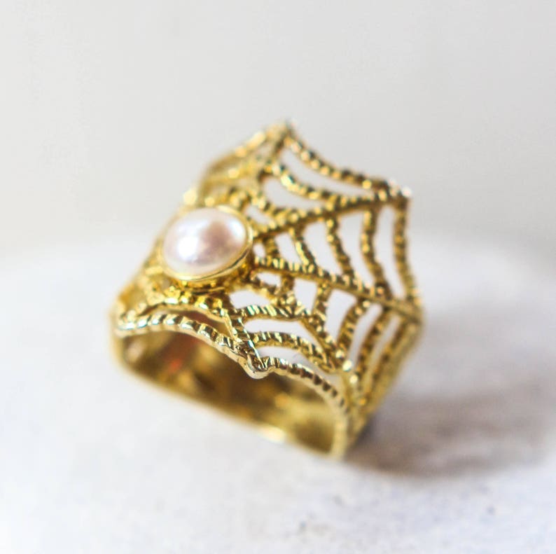 Spider Web Ring Pearl Ring 925 Sterling Silver Ring Gold - Etsy
