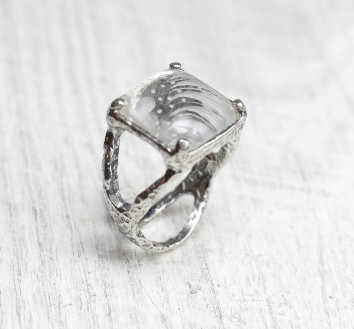 Rock crystal moon ring sterling silver gemstone ring hand | Etsy