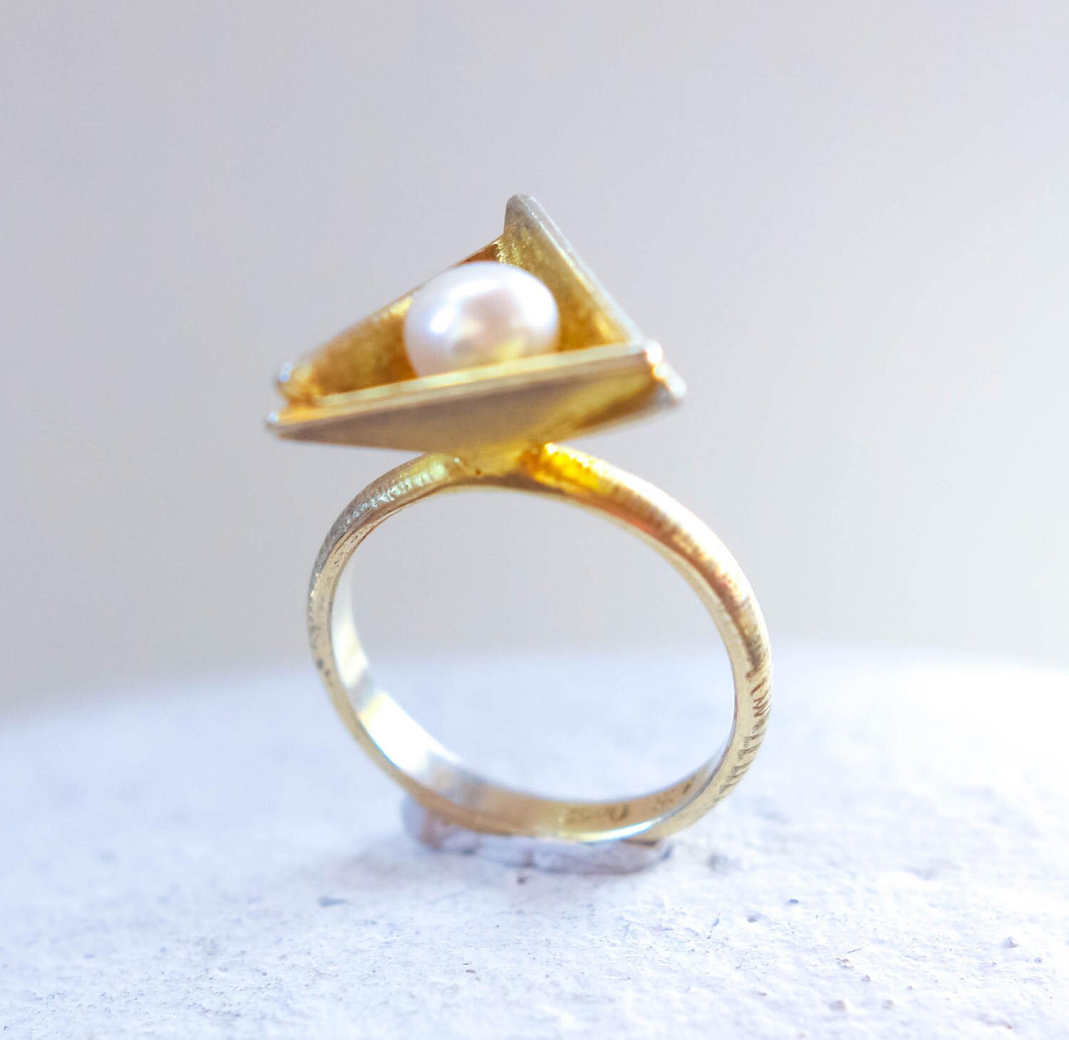 Pearl Ring Triangle Ring Sterling Silver Ring Gold Plated - Etsy