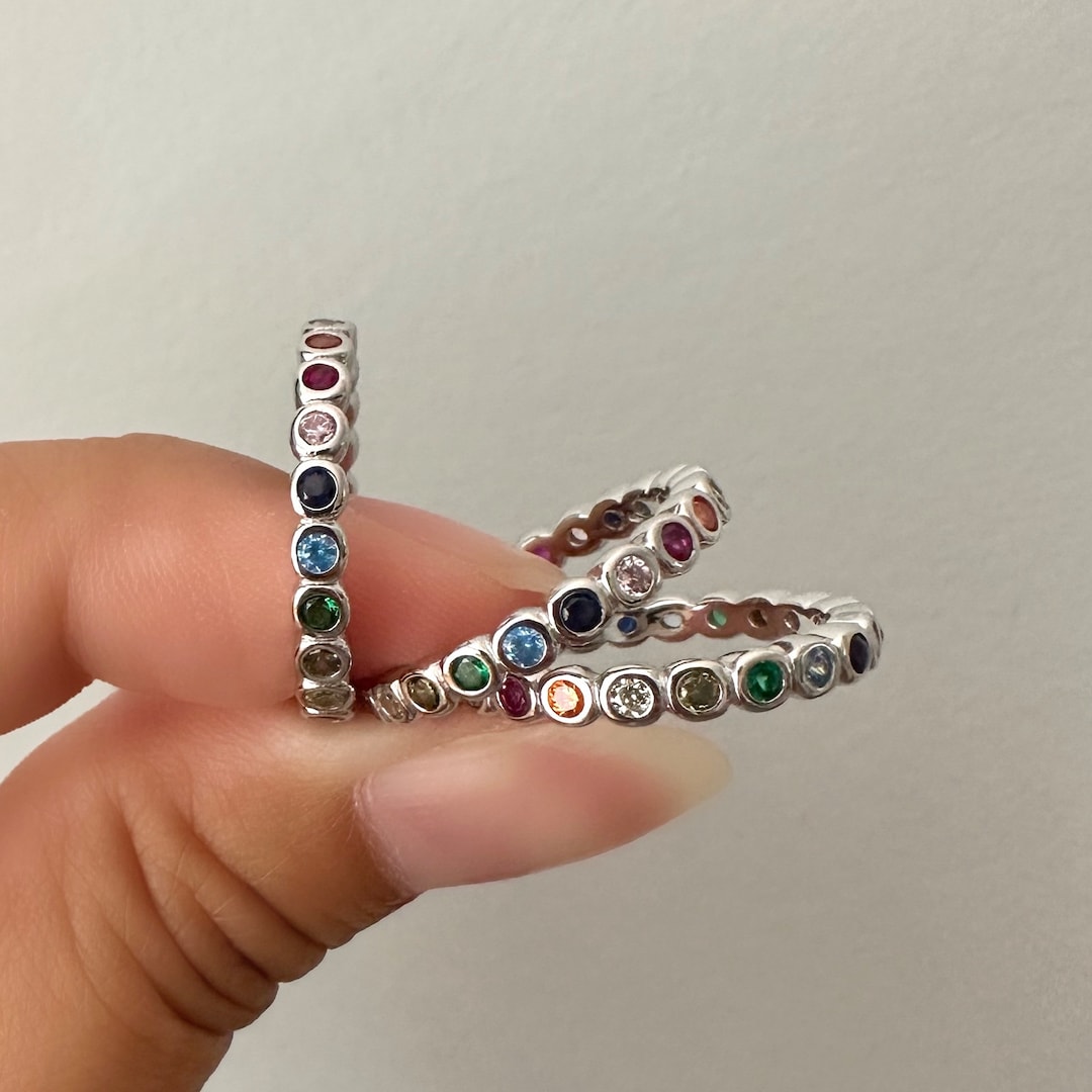 Silver Rainbow Ring, Sterling Silver Full Eternity Rainbow Ring, Bezel ...