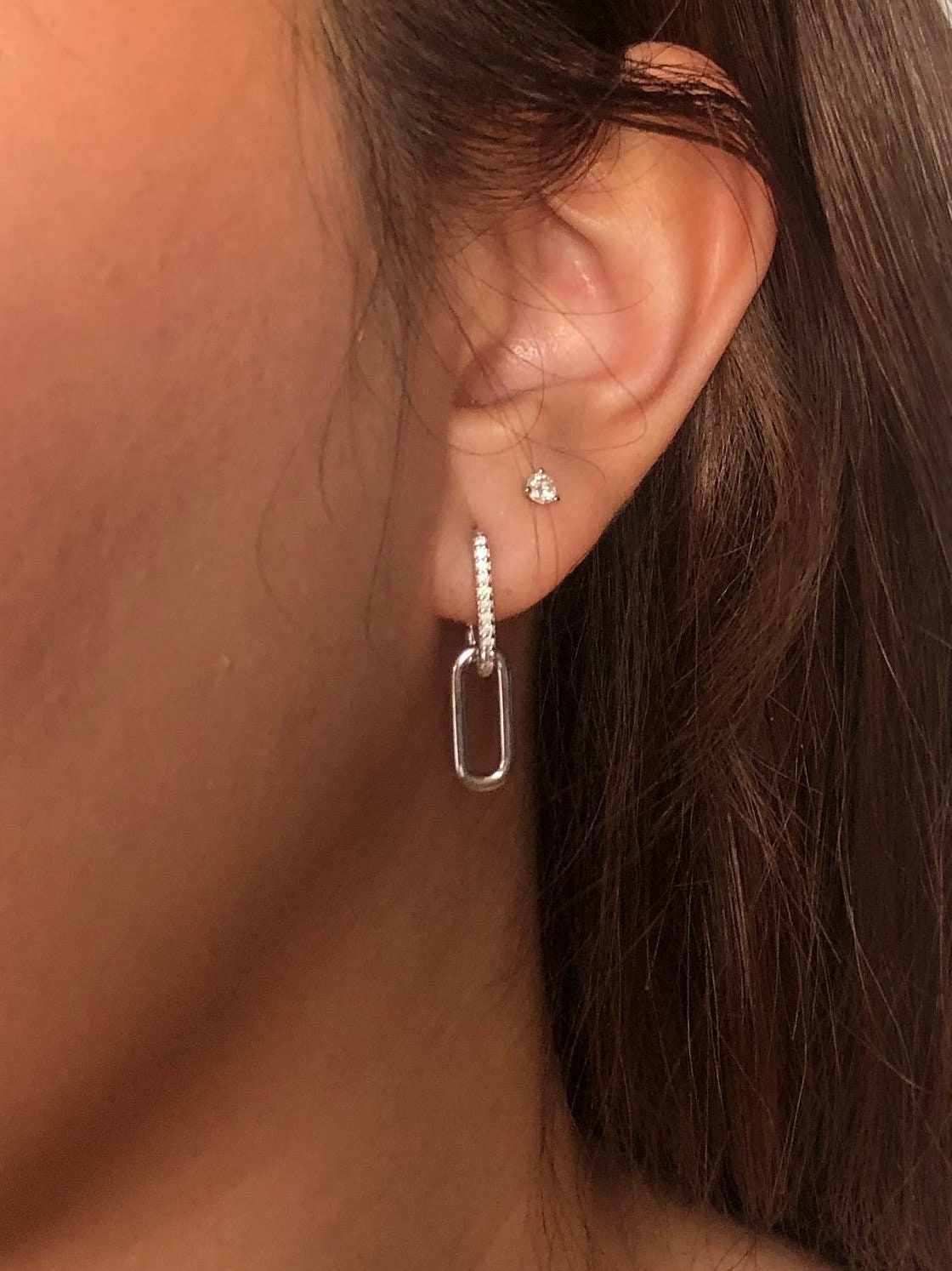 Gold Chain Link Pave Hoops Earrings, Paperclip Link Earrings 18K Gold ...