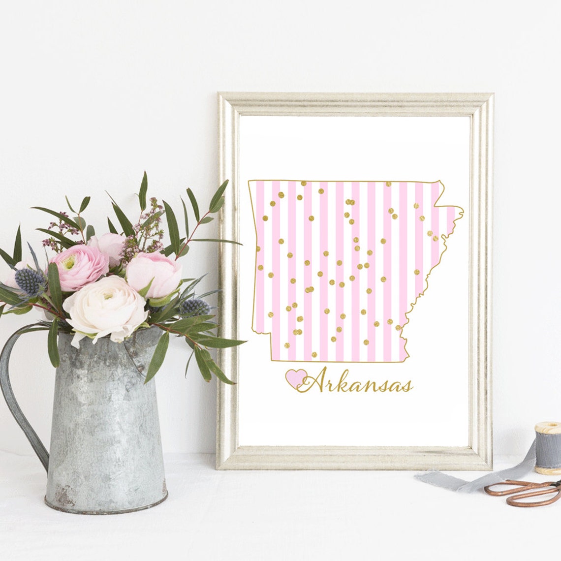 Arkansas Wall Art Printable Map of Arkansas With Pink Stripes and Gold ...