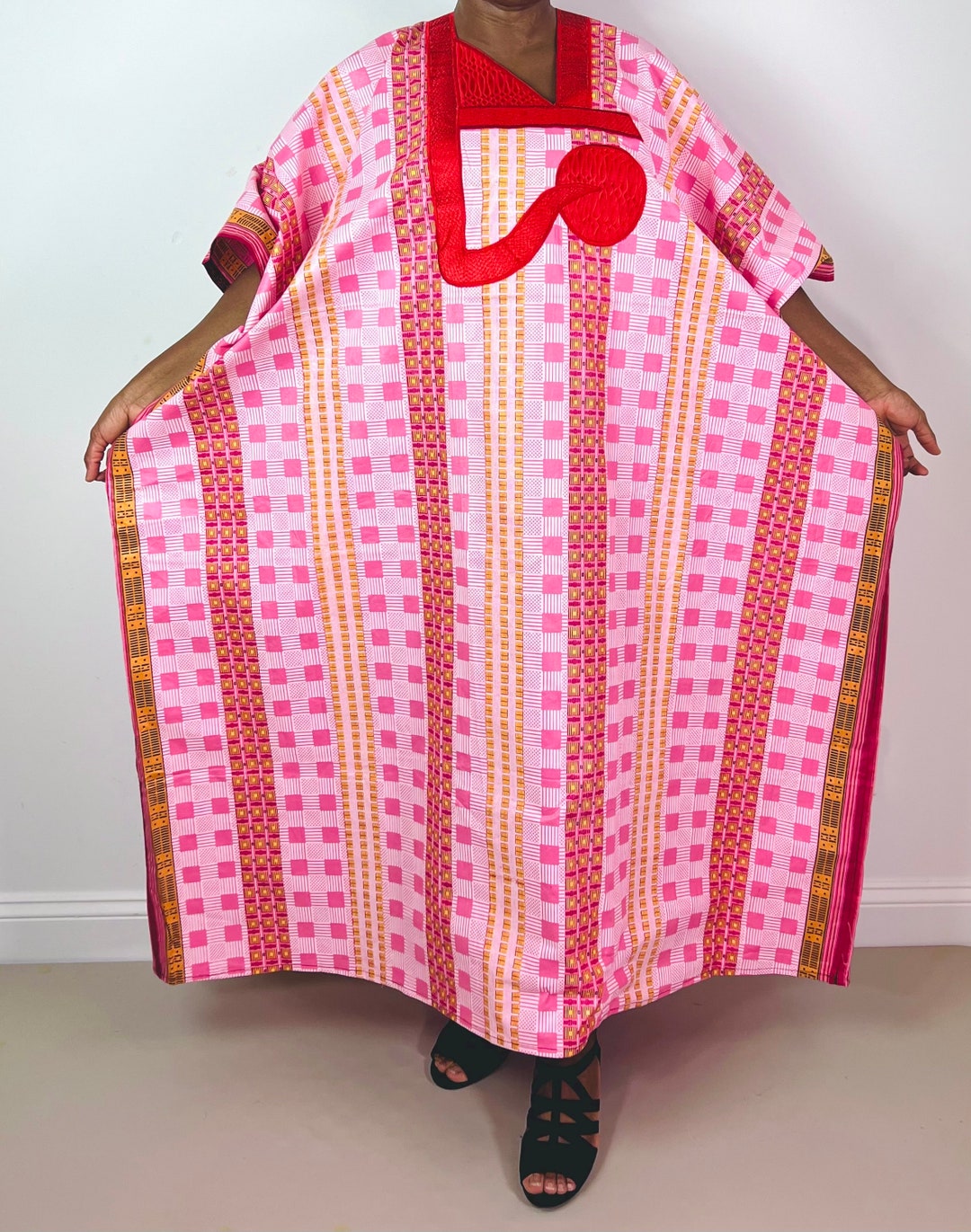 African Print Ankara Pink Colorful Multicolor Kaftan Maxi Poncho Dress ...