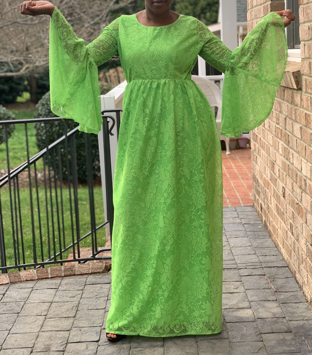 Neon Green Lace Dentelle Bell Sleeve Maxi Dress - Etsy