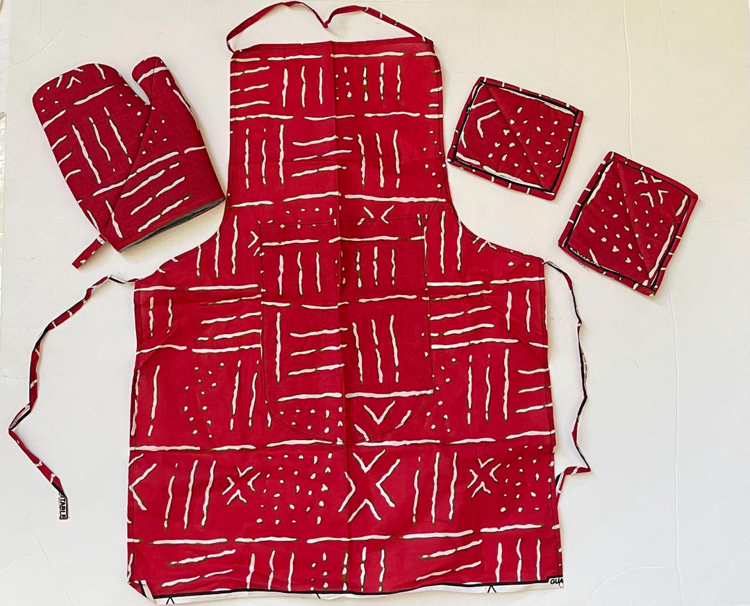 African Print Ankara Handmade Kitchen Apron, Oven Mitt, and Potholder ...