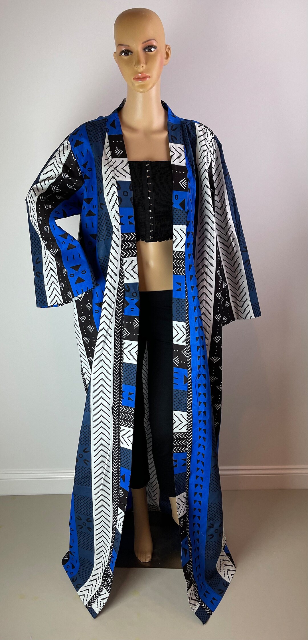 African Print Ankara Blue Multicolor Kente Print Maxi Cardigan Duster ...