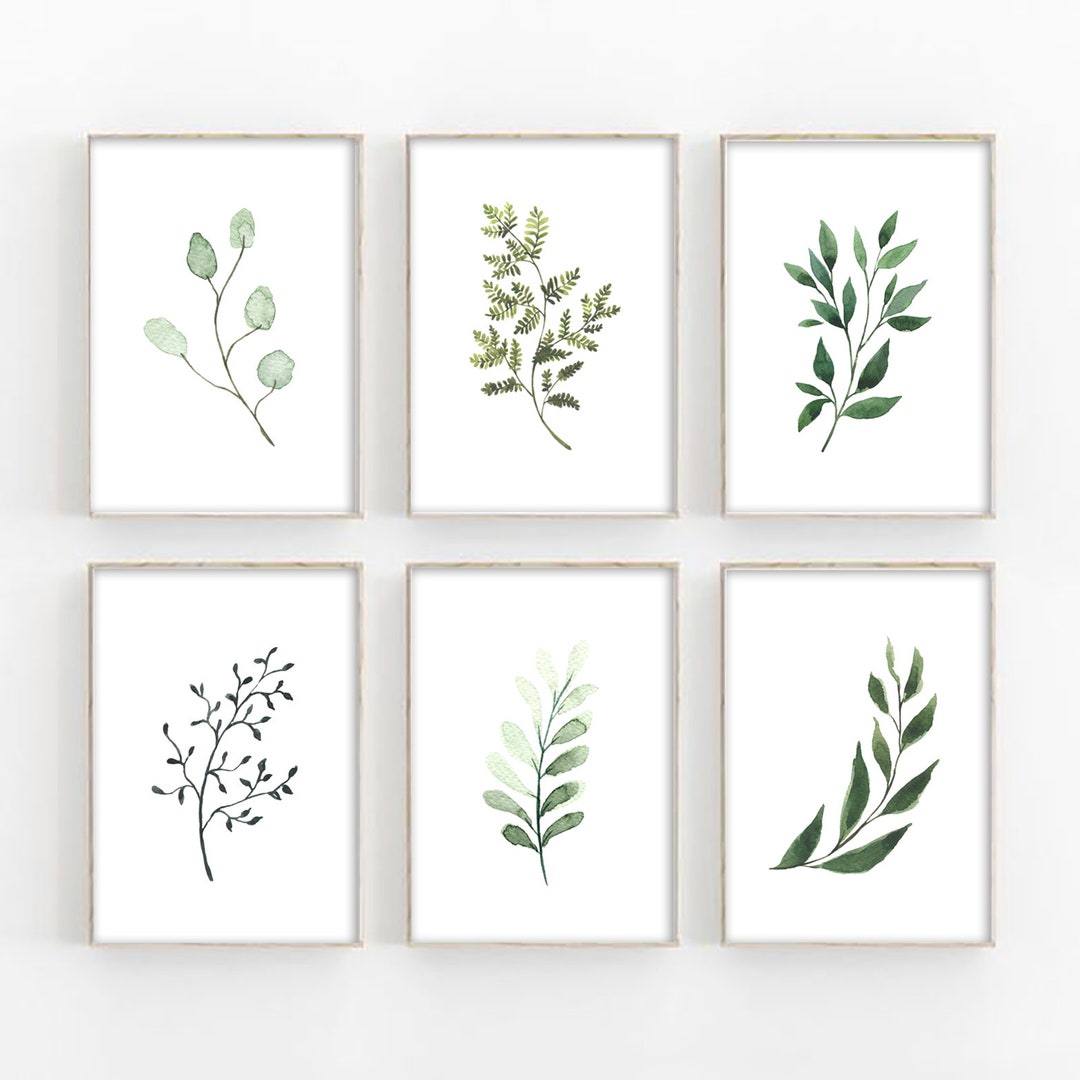 Set of 6 Green Botanical Prints, Green Branches and Leaves, Botany Art ...