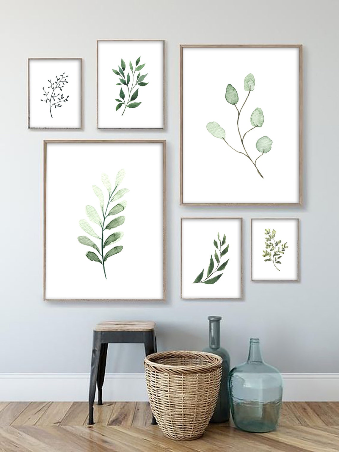 Set of 6 Green Botanical Prints, Green Branches and Leaves, Botany Art ...