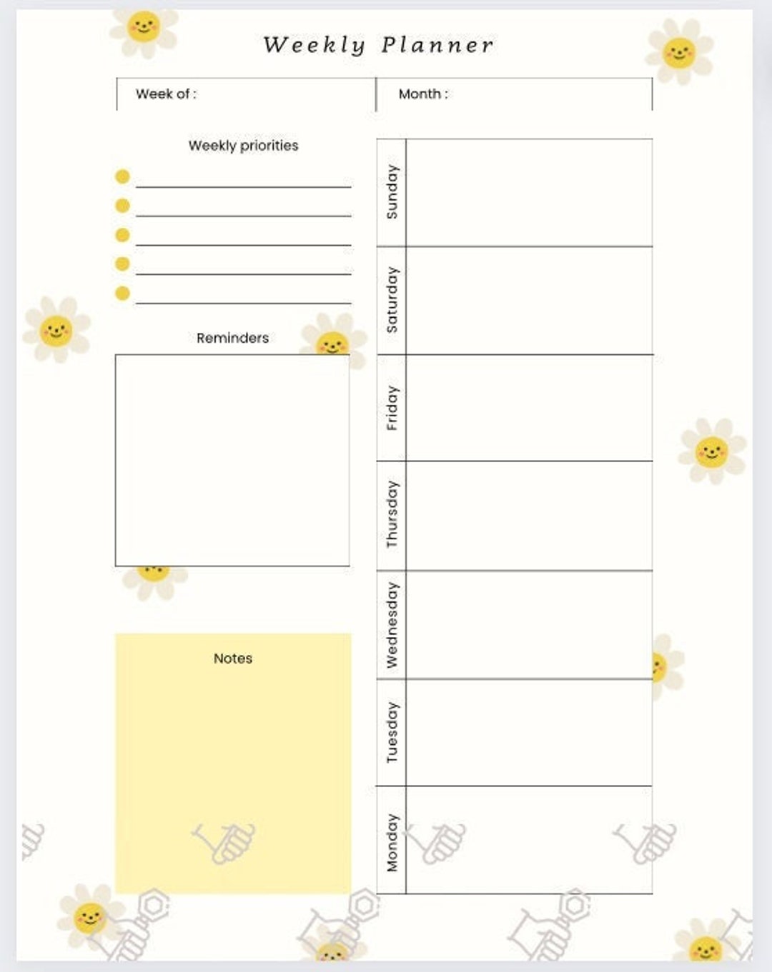Weekly Planner Sunflower Cute Weekly Digital Print - Etsy