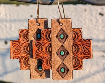 Hand Tooled Leather Aztec Earrings, One of a Kind, Handmade Brass Hooks ...