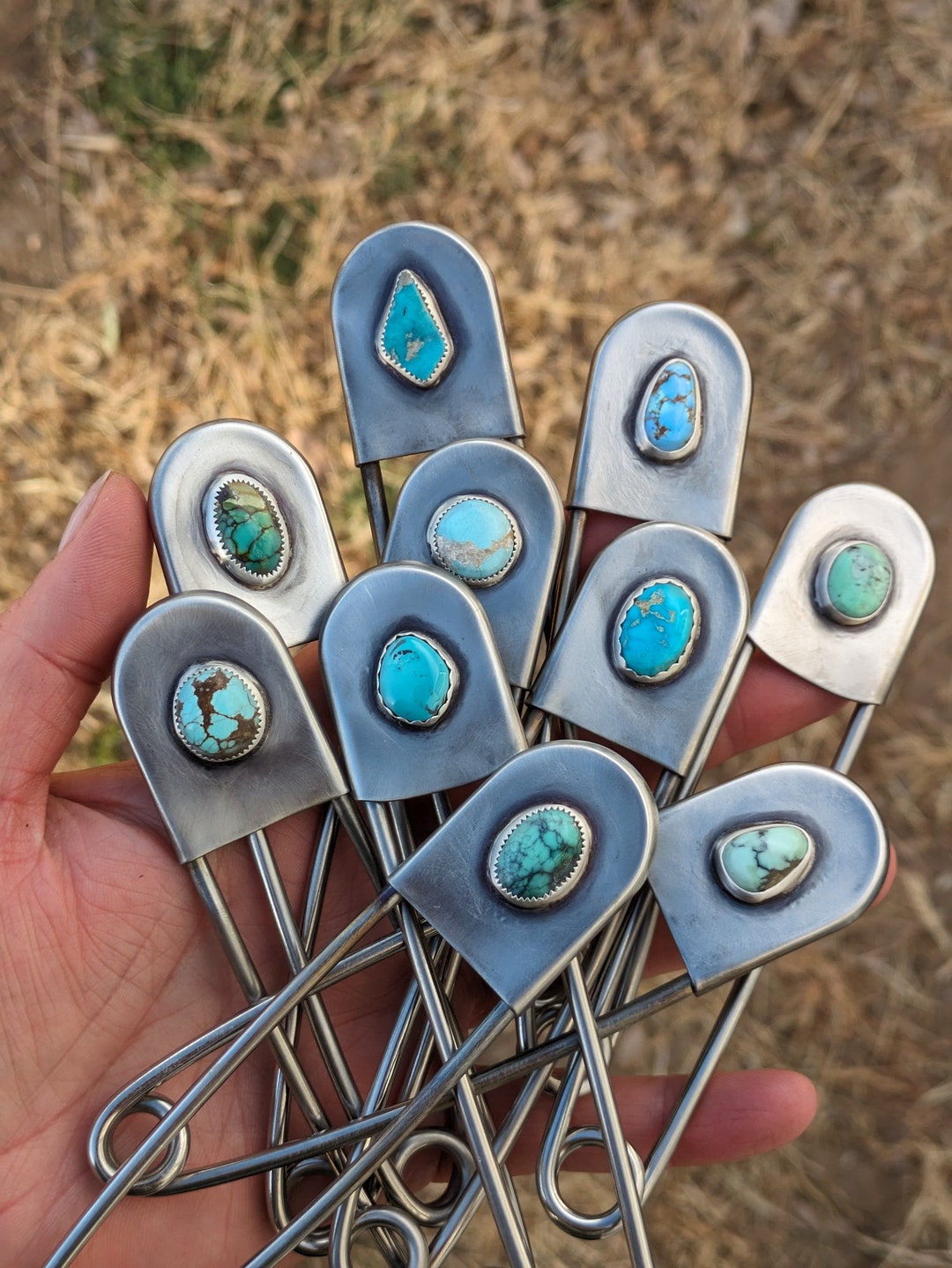 Jumbo Safety Pin, Turquoise Stone Keychain, Silversmith, Hat Accessory ...