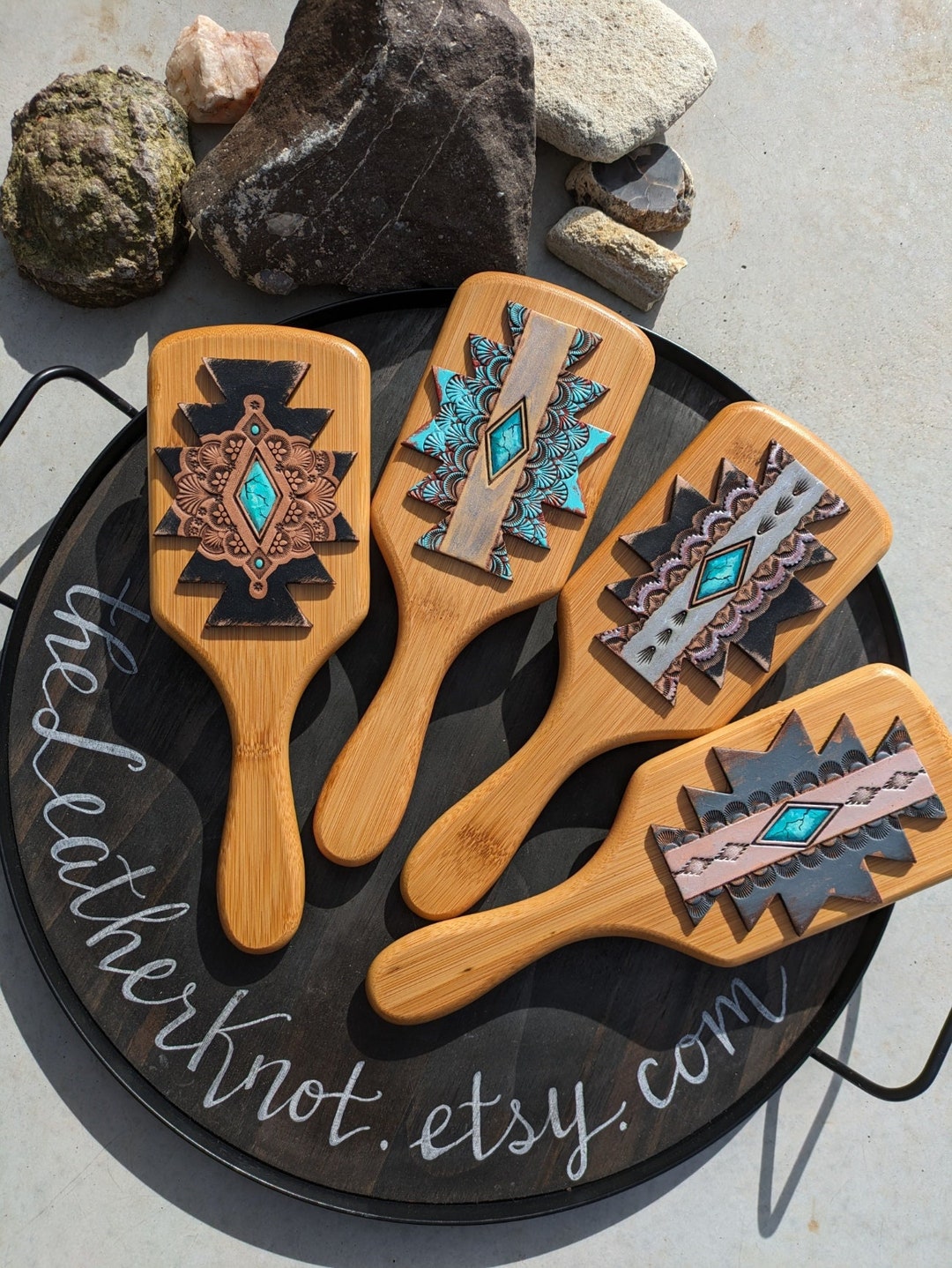 Hand Tooled Leather Hairbrush, Western Boho Accessories, Wood and ...