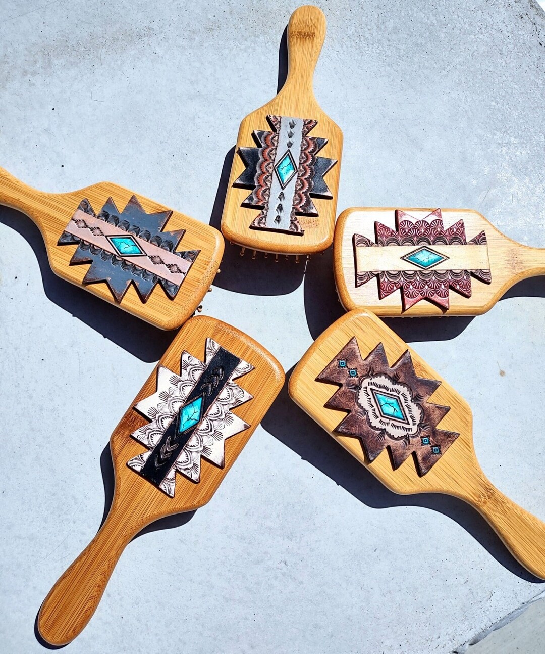 Hand Tooled Leather Hairbrush, Western Boho Accessories, Wood and ...