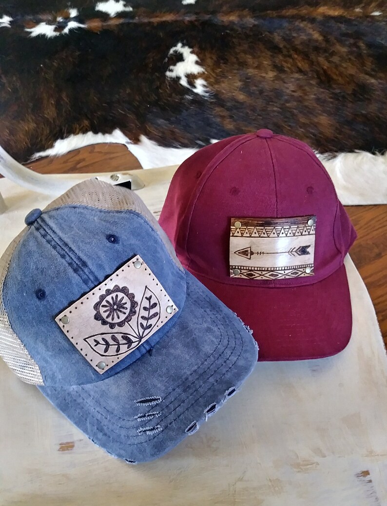 Leather Patch Hat Hand Burned Design Handmade Baseball Cap - Etsy