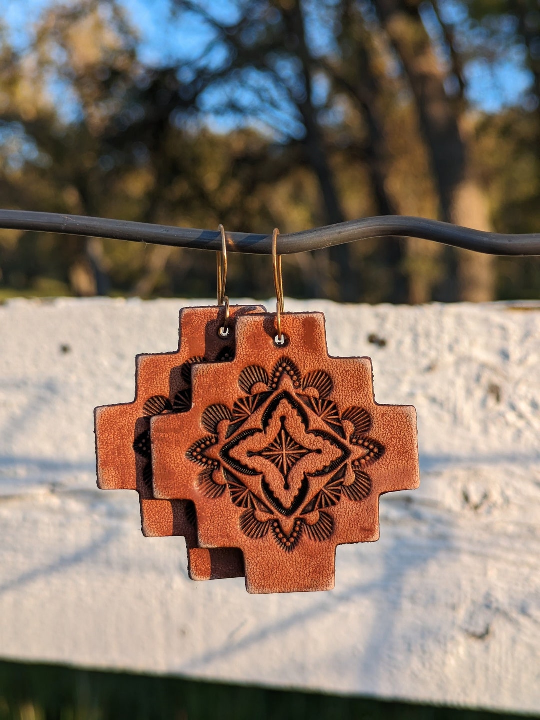 Hand Tooled Leather Aztec Earrings, One of a Kind, Handmade Brass Hooks ...