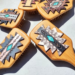 Hand Tooled Leather Hairbrush, Western Boho Accessories, Wood and ...