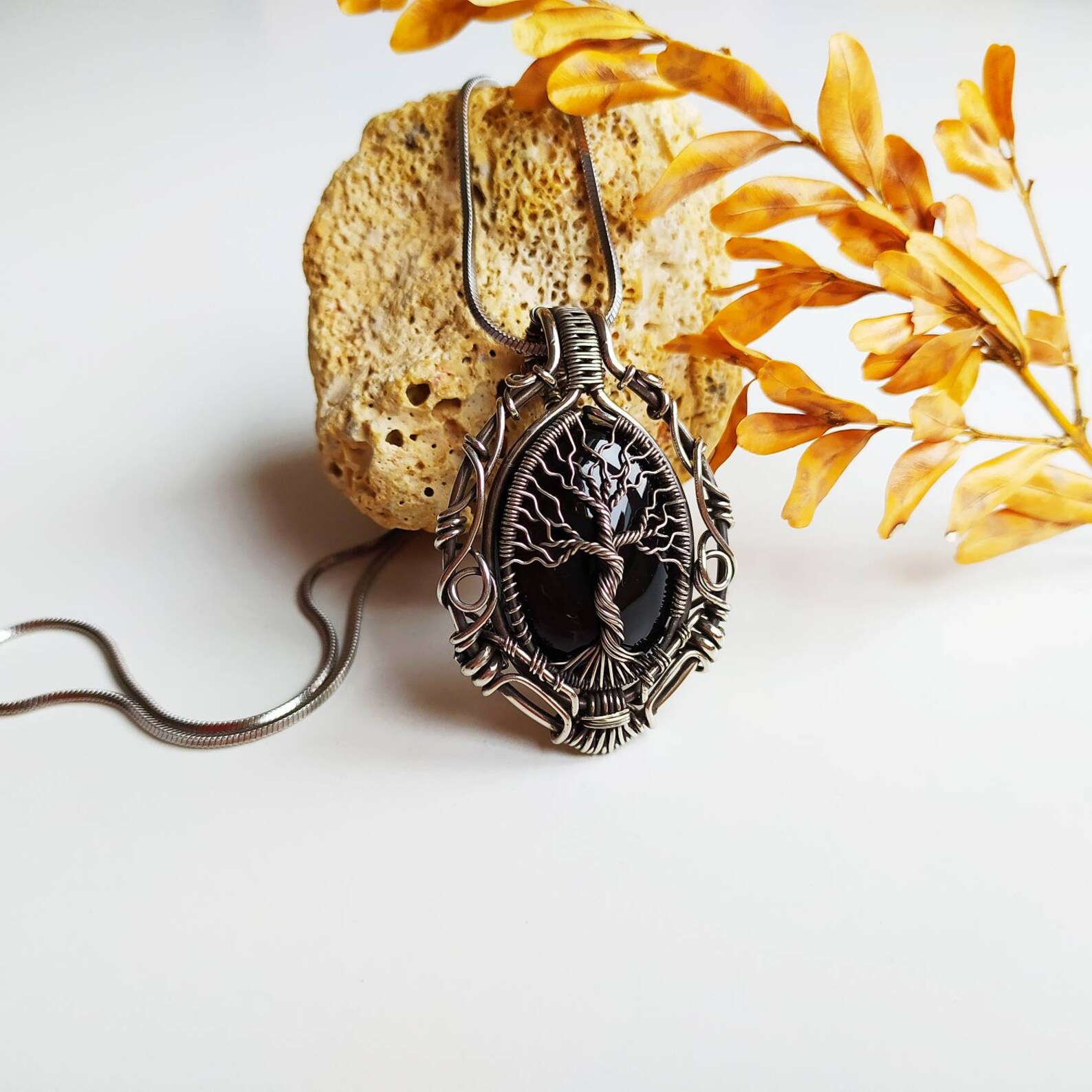 Onyx Tree of Life Pendant, Silver Wire Wrapped Necklace, Black Gemstone ...