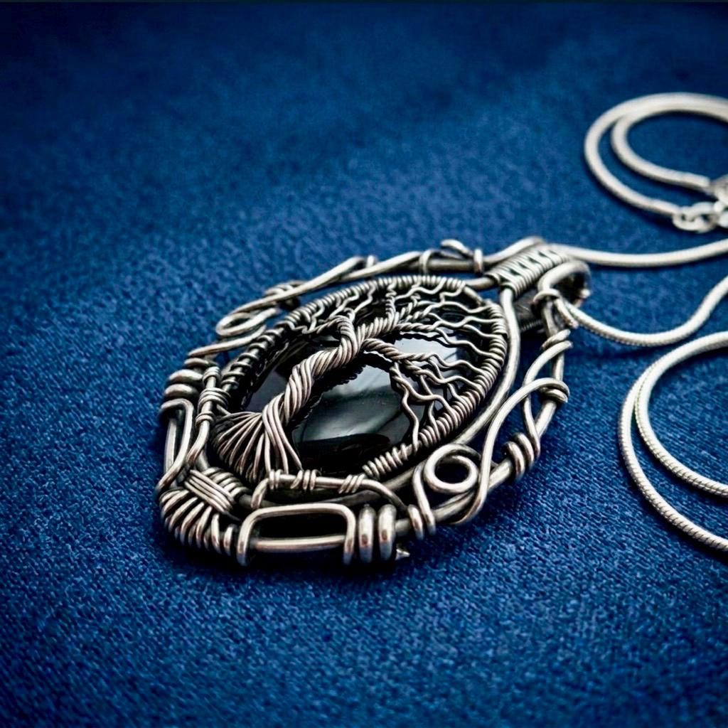 Black Onyx Tree of Life Pendant, Silver Wire Wrapped Necklace, Handmade ...