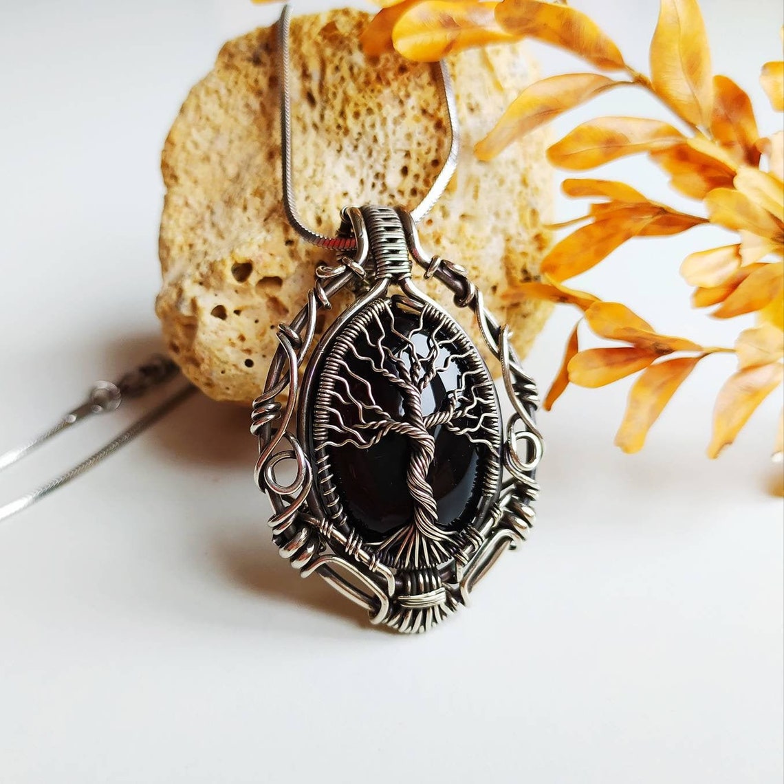 Onyx Tree of Life Pendant, Silver Wire Wrapped Necklace, Black Gemstone ...